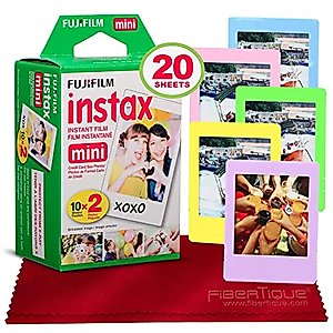 Fujifilm Instax Mini Instant Film (20 Sheets) for Fujifilm Instax Mini + 5 Picture Frames + FiberTique Cleaning Cloth (USA Warranty)