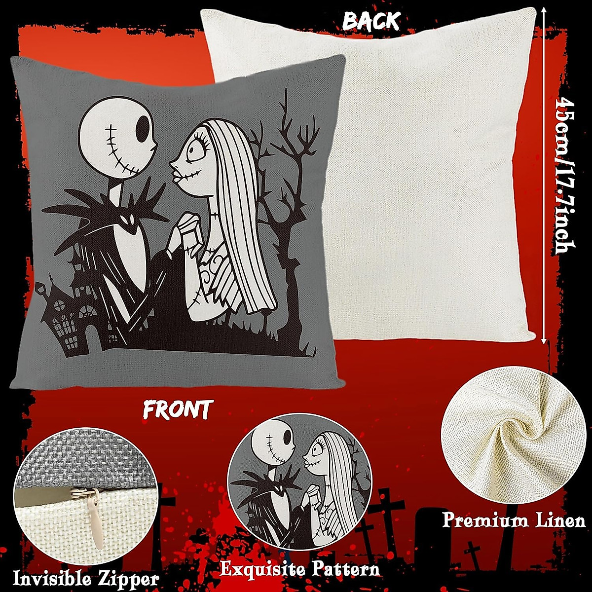 4Pcs Halloween Jack and Sally Christmas Pillow Covers 18x18 Inch Horror Cartoon Skull Throw Pillow Case Decorations Linen Decorative Square Cushion Covers for Home Sofa Couch Bed