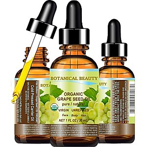 Botanical Beauty Organic GRAPE SEED OIL 100% Pure Natural VIRGIN UNREFINED Cold-Pressed Carrier Oil 1 Fl oz 30 ml for Face, Skin, Body, Hair, Lip, Nails, Massage. Rich in Vitamin E