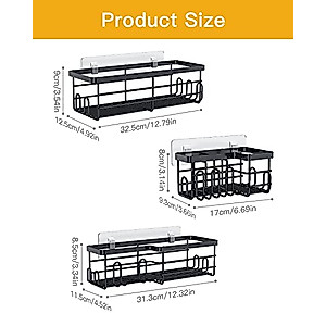 Shower Caddy, Uamector Shower Organizer No Drilling, 3 Pack Adhesive Rustproof Stainless Steel Shower Shelves, Black Shower Shelf with 17 Hooks for Inside Shower, Wall Mounted Shower Rack for Bathroom