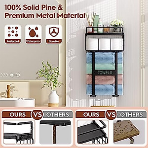 herehomi Floating Shelves for Wall, 2 in 1 Floating Shelves with Towel Racks for Bathroom, Bathroom Shelf Wall Shelf Towel Rack, Bathroom Towel Holder Bathroom Shelf Organizer Wall Mounted, Black