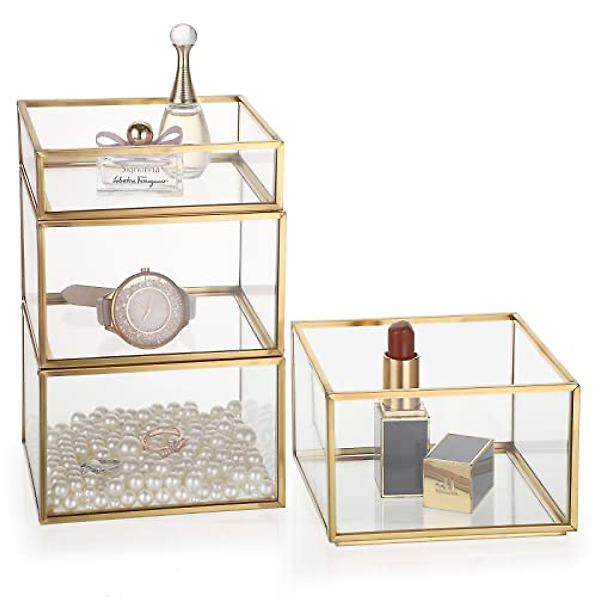 Hipiwe 4-Tiered Gold Glass Jewelry Box Stackable Trinket Organizer Decorative Glass Box Q-tip Holder Cotton Ball and Swab Storage Holder for Bathroom Dresser Office Countertop