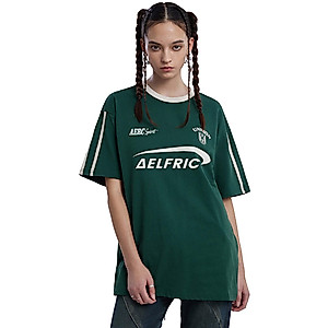 Aelfric Eden Graphic Tees Y2k Women Oversized T Shirts Striped Patchwork Crewneck Unisex Streetwear Tops Green L