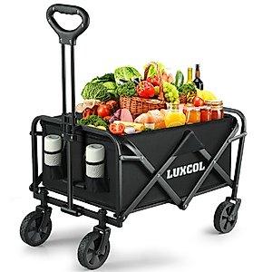 LUXCOL Collapsible Folding Outdoor Utility Wagon,Beach Wagon Cart with All Terrain Wheels & Drink Holders,Portable Sports Wagon for Camping, Shopping, Garden and Beach