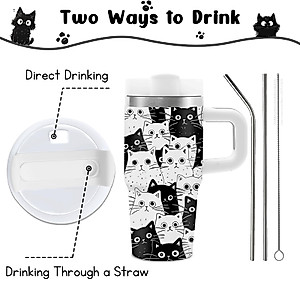 Cat Lover Gifts, Black Cat Tumbler with Handle and Straw for Kids, Birthday Gift for Cat Lovers Girls, 14 oz Stainless Steel Travel Mug for Toddlers, It's Fine I'm Fine Everything Is Fine Cat Mug