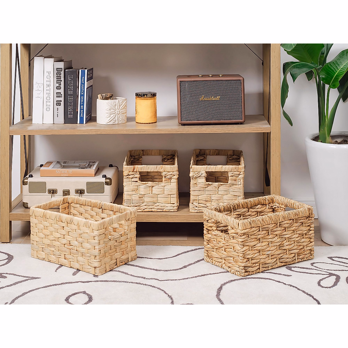 StorageWorks Small Wicker Baskets, Water Hyacinth Baskets with Built-in Handles, Handwoven Bathroom Baskets for Organizing, Medium & Small, 2 Pack