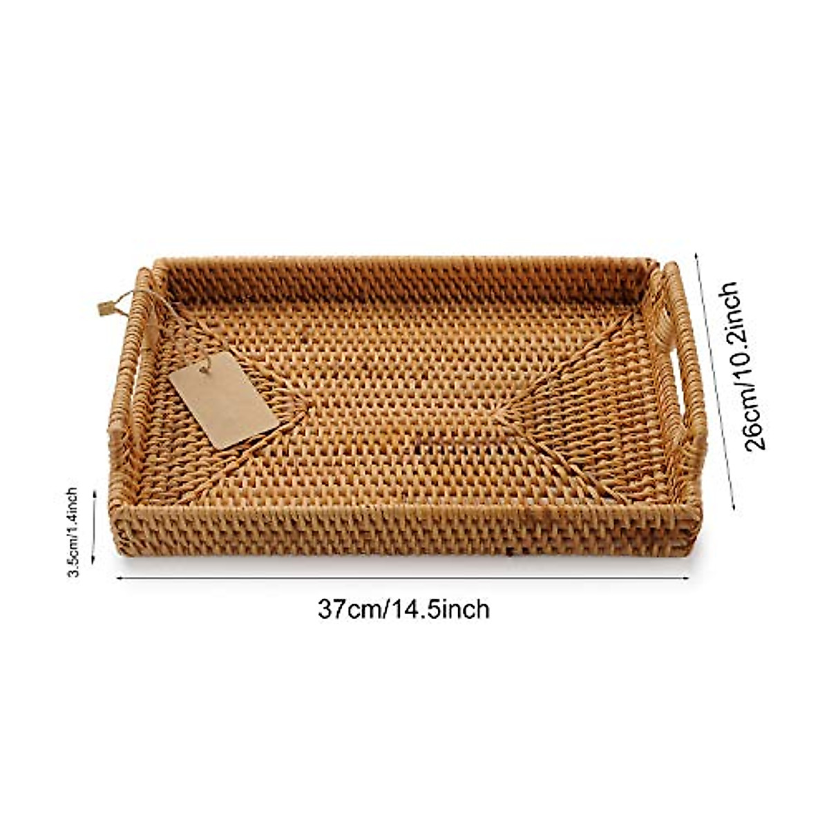Hand-Woven Rattan Rectangular Serving Tray with Handles for Breakfast, Drinks, Snack for Coffee Table (14.5x10.2x1.4inches)
