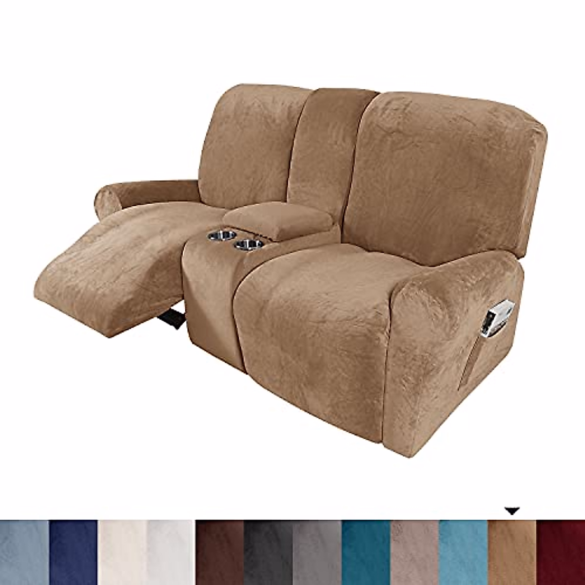 cjc Reclining Loveseat with Middle Console Slipcover, 8-Piece Velvet Stretch Loveseat Reclining Sofa Covers, 2 seat Loveseat Recliner Cover, Thick, Soft, Washable, Loveseat Slipcovers(Taupe)