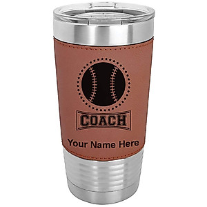 LaserGram 20oz Vacuum Insulated Tumbler Mug, Baseball Coach, Personalized Engraving Included (Faux Leather, Dark Brown)