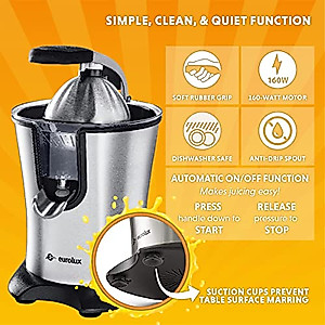 Eurolux Citrus Juicer | Powerful Electric Orange Juicer with New and Improved Easy Juicing Technology | Stainless Steel Orange Juice Squeezer with Soft Grip Handle and Lid for Oranges of any Size