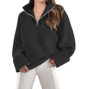 ZESICA Women's 2023 Winter Long Sleeve 1/4 Zipper V Neck Loose Fuzzy Knitted Chunky Warm Pullover Sweater Jumper Tops,Black,Large