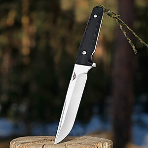 KOMWERO Fixed Blade Knife with Leather Sheath, D2 Steel Full Tang Hunting Knife, Non-Slip G10 Handle, EDC Survival Camping Knife for Outdoor Fishing Hiking