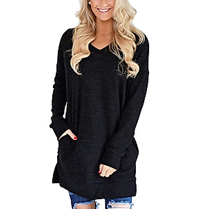 LERUCCI Womens Casual Long Sleeves Solid V-Neck Tunics Tops with Pockets Black X-Large