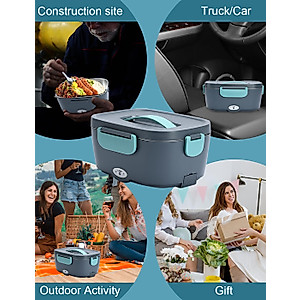 CHARMDOO Electric Lunch Box, 80W Portable Lunch Warmer Food Heater for Adults Car/Truck/Office 12/24/110V, Fast Heating Lunchbox with Leak Proof Lid SS Container, Grayish Blue