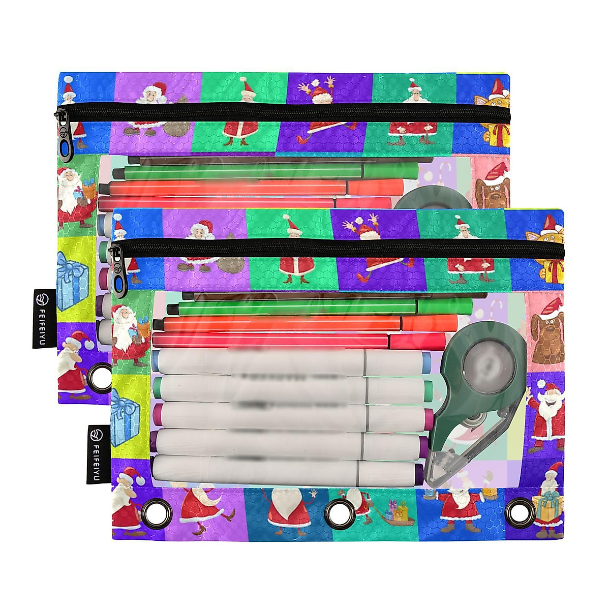 FRODOTGV Santa Claus Collage Christmas Pencil Pouches for 3 Rings Binder Zipper Pencil Pouches Clear Three Hole Pencil Pouches 2 Pack Pen Case