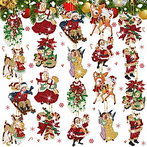 Outus 24 Pcs Vintage Diamond Painting Keychains Double Sided Diamond Key Chain Kit DIY Diamond Art Vintage Santa Claus Reindeer Snowman Keychain Ornament for Christmas Rustic Country Vintage Decor