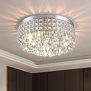 Maxax 4 Lights Crystal Chandelier, Modern Drum Ceiling Light Fixture Lamp, Raindrop Flush Mount Round Metal Shade, for Dining Room, Living Room, Bathroom, Bedroom, Chrome