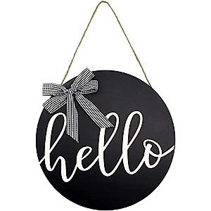 AuldHome Rustic Hello Door Hanger (12-Inch): Round Wood Plaque with Checkered Bow
