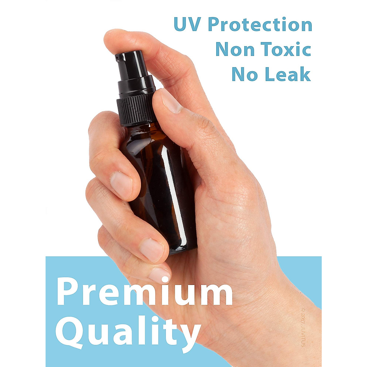 JUVITUS 1 oz / 30 ml Amber Glass Boston Round Bottle with Black Treatment Pump (12 pack) + Funnel Refillable Empty Storage Containers