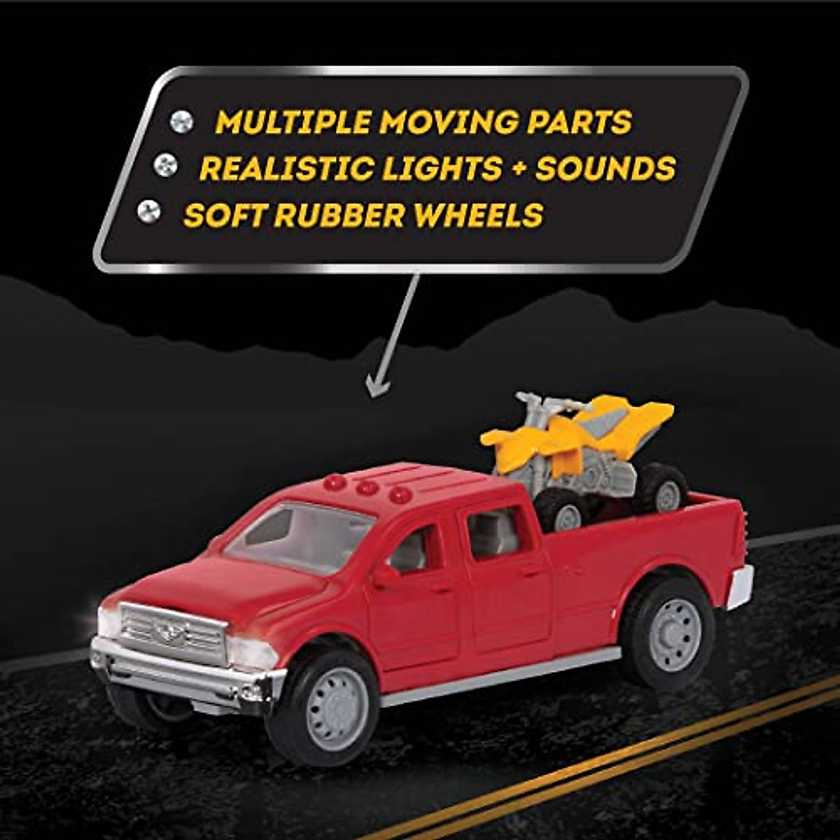 Driven by Battat — Red Pickup Truck & ATV – 1:24 Scale – Small Toy Truck with Lights, Sounds & More for Boys & Girls Age 3+