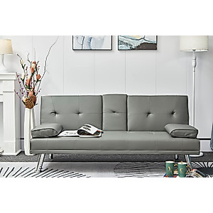 Anwick Futon Sofa Bed Faux Leather Couch Bed Modern Convertible Folding Recliner with 2 Cup Holders and Metal Legs for Living Room Apartment Dorm w/Removable Armrests, (Gray)
