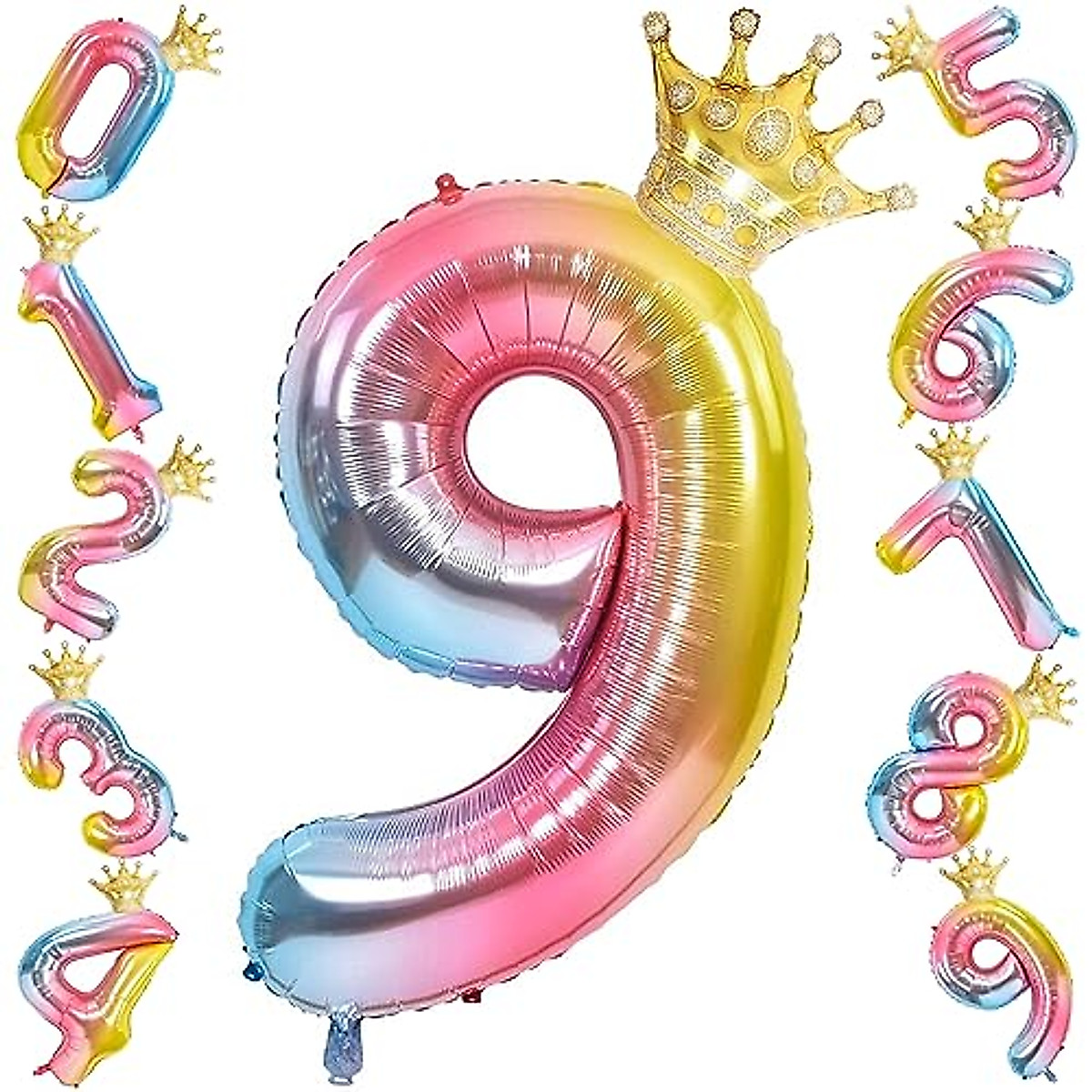 40 Inch Rainbow Gradient Number Foil Balloons With Detachable Gold Crown,Large Size Number 9 Mylar Helium Balloons For 9th Birthday Party Wedding Anniversary Celebration Decoration Supplies (9)