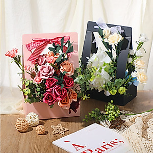 Chinco 12 Pieces Craft Paper Gift Bags Flower Box for Arrangements Flower Bouquet Packaging Bag with Handle Wedding Valentine's Day Gift Wrap Bags Florist Bags, Pink and Black