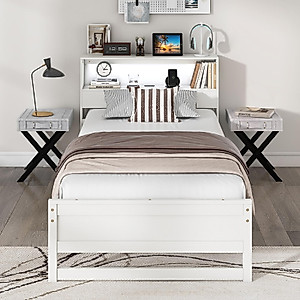 Giantex Twin Bed Frames with Storage Headboard, Wood Platform Bed with Charging Station & LED Light, Single Bed with Slats Support, Under-Bed Space, Twin Bed Frames for Kids Girls Boys (White)