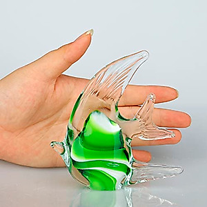vskikris Green Hand Blown Tropical Fish Figurines Art Glass Fish Sculpture Collection for Home Decor Fish Tank Aquarium