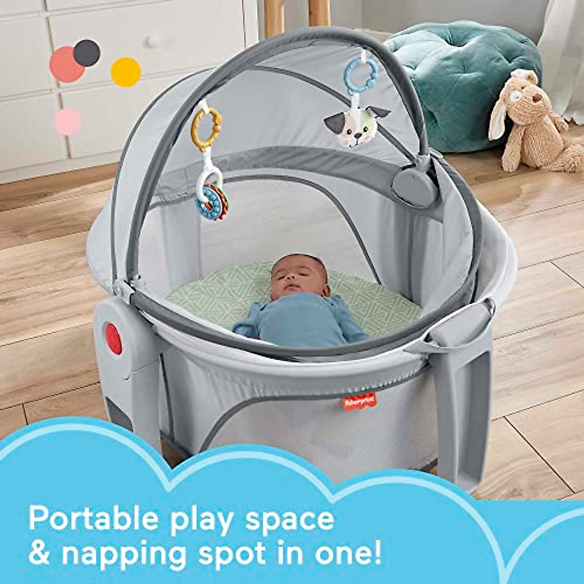 Fisher-Price Portable Bassinet And Play Space On-The-Go Baby Dome With 2 Toys And Canopy, Puppy Perfection
