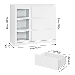 FOTOSOK Modern 3 Drawer Dresser, White Dresser Wide Chest of Dresser with Glass Door & 3 Drawers, Storage Drawer Cabinet for Living Room Hallway