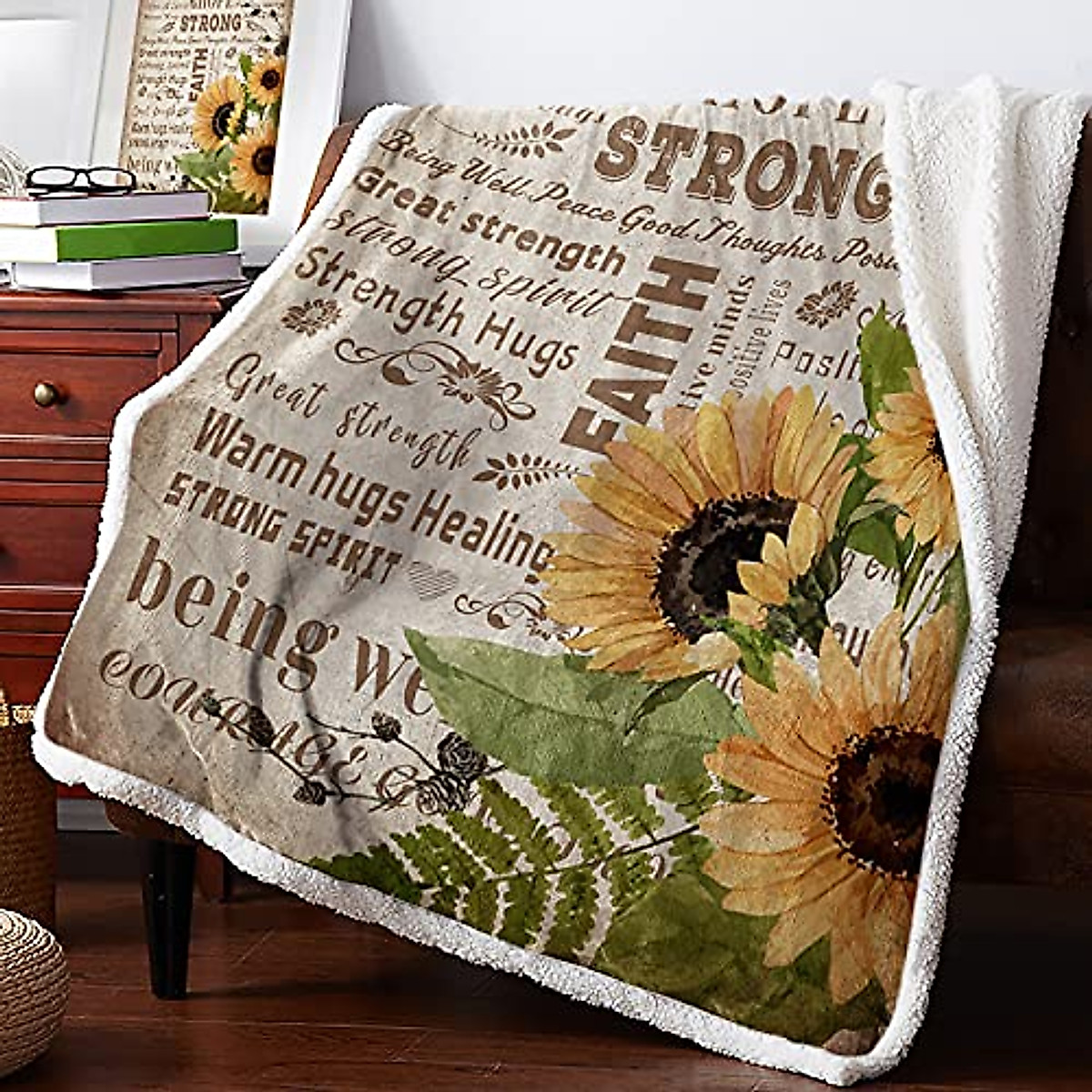 LBDOMOV Warm Hugs Positive Healing Throw Blanket, Sherpa Microfiber Comfort Caring Gift Throw - Sunflower Get Well Soon Gift for Women Men Patient Older Parent 39" x 49"