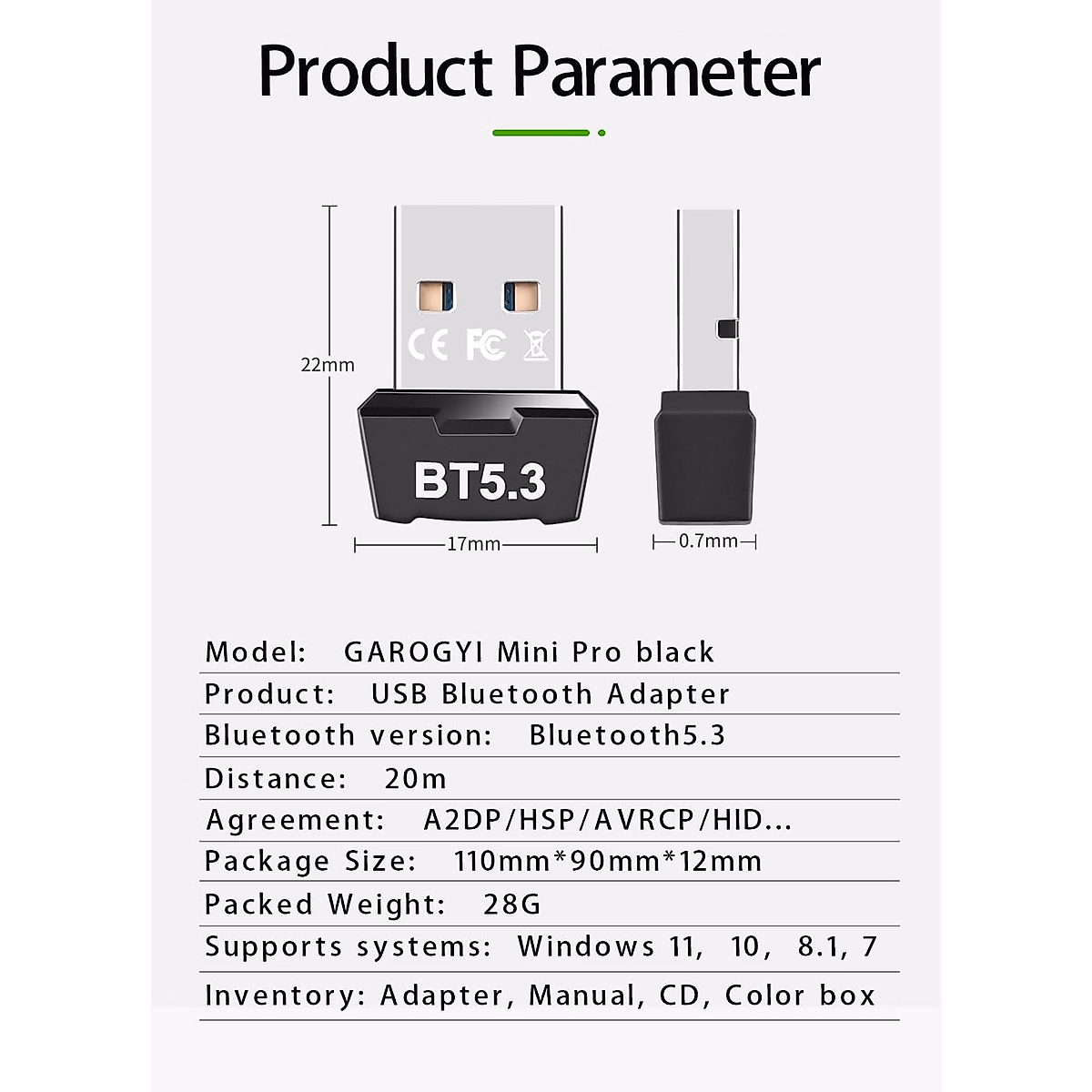 GAROGYI USB Bluetooth 5.3 Adapter for PC, Supports Windows 11/10/8.1/7,5.3+EDR Bluetooth Wireless Transmitter Receiver for Desktop, Laptop, Mouse, Keyboard, Printers, Headsets (Black)