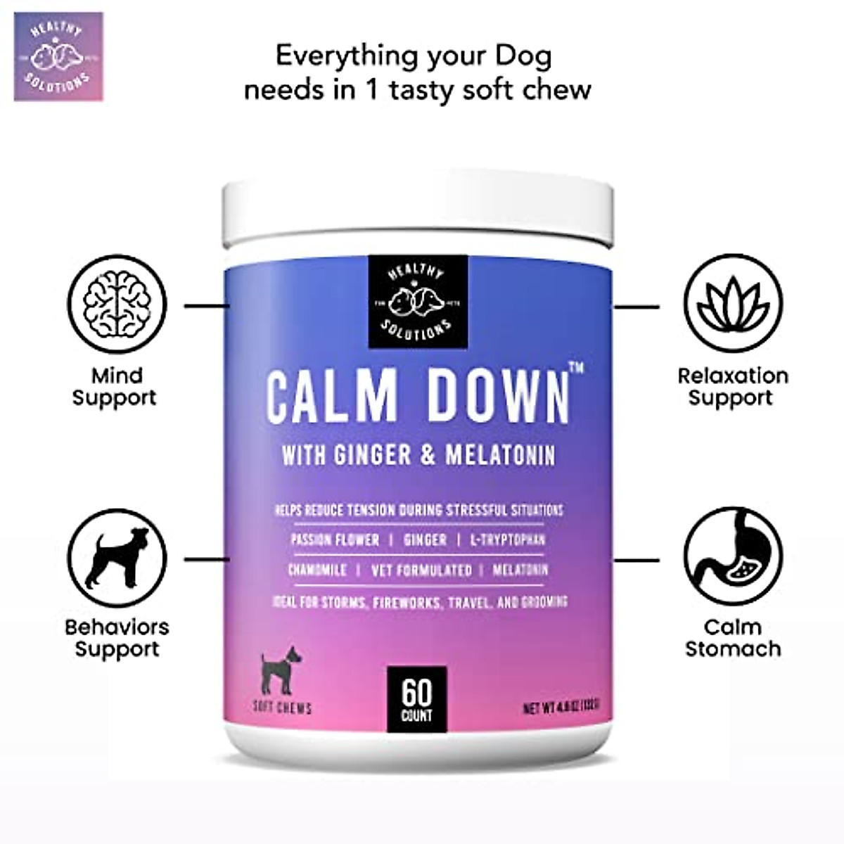 Calming Chews for Dogs - 60 Dog Calming Treats for Anxiety, Stress Relief Aid, Storms, Grooming, Fireworks, Separation, Travel, & Motion Sickness - Made in USA