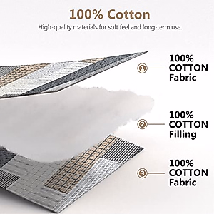 Quilts Queen Size, Queen Quilt Bedding Set Bedspread, 100% Cotton Patchwork Quilt for Queen Bed, 3 Pieces Plaid Farmhouse Reversible Lightweight Comforter Bed Spread for All Season, Grey/Tan/Black