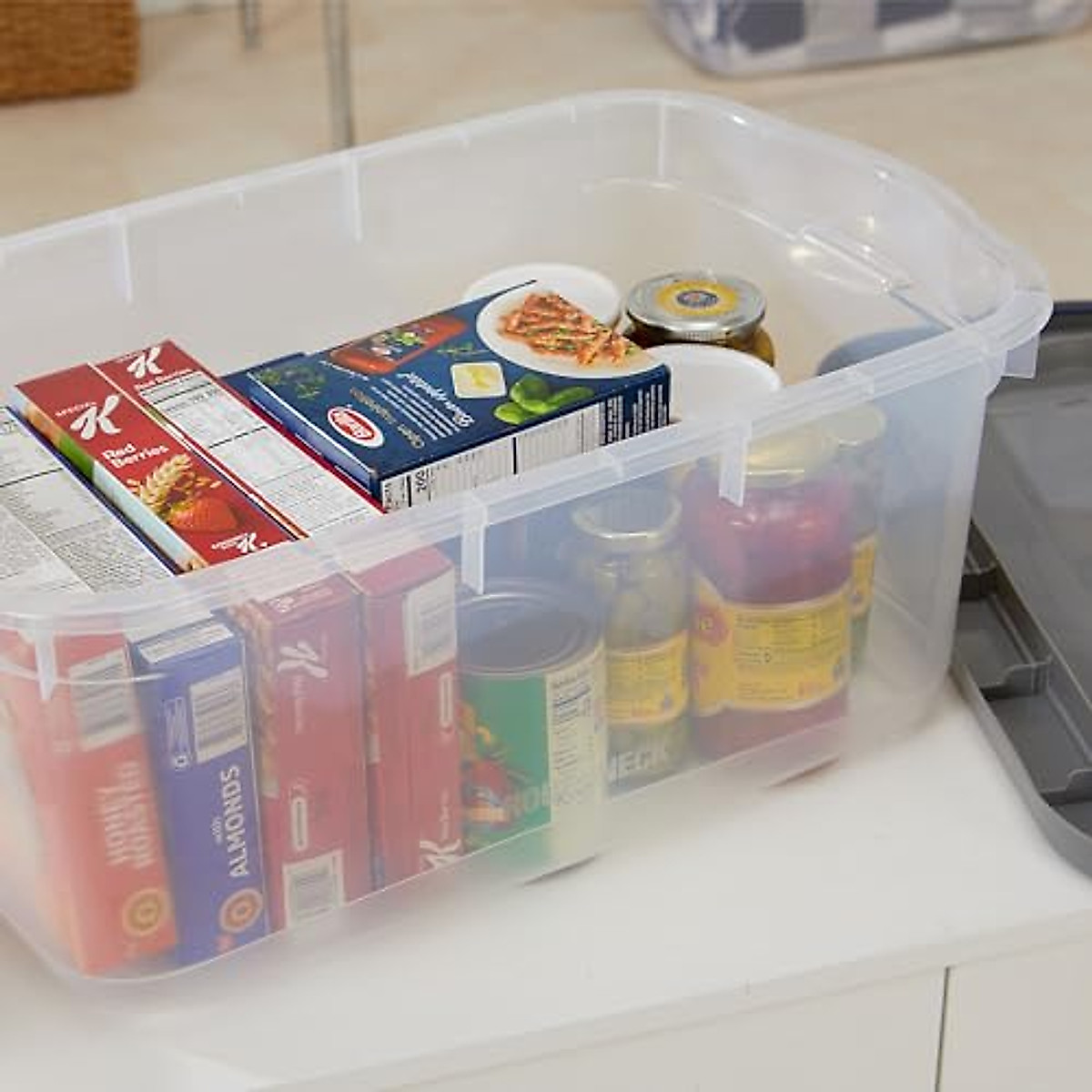 Rubbermaid Roughneck Clear Storage Container, 50 qt., Clear Base, Grey and Blue Lid, Pack of 5 (1785784)