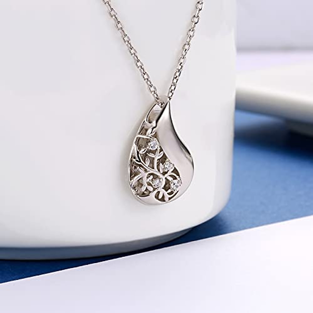 925 Sterling Silver Tree of Life Teardrop Urn Necklace for Ashes Family Tree Keepsake Cremation Pendant Memorial Jewelry for Women