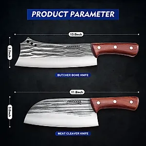 Topfeel 2PCS Meat Cleaver & Heavy Duty Bone Chopper Knife Set, Hand Forged German High Carbon Stainless Steel Butcher Knife for Home Kitchen & Outdoor
