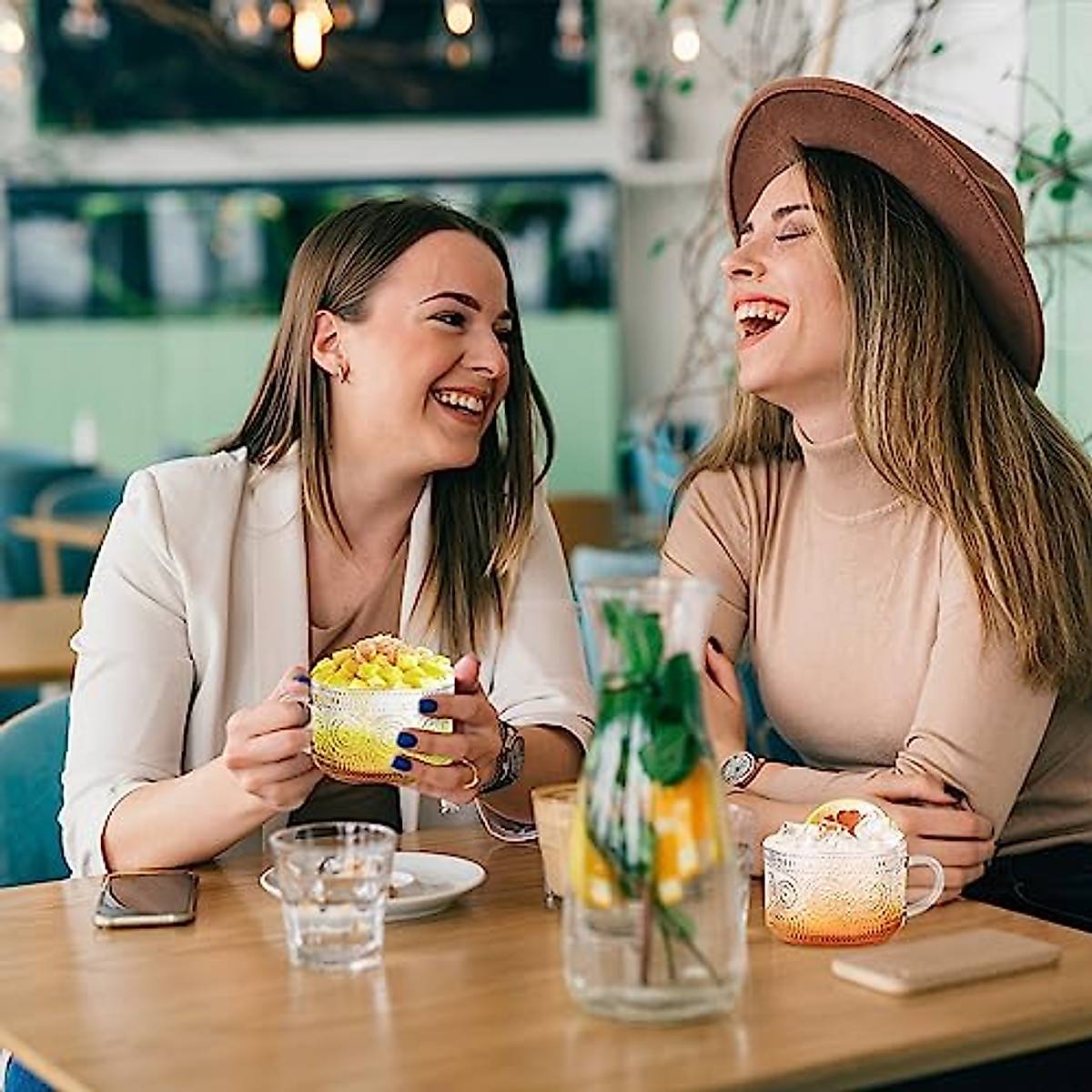 LUECMO Vintage Coffee Tea Cups [4 Pack], 14 oz Glass Tea Coffee Mugs, Clear Embossed Glass Cups for Cappuccino, Latte,Cereal, Yogurt, Beverage (2 sunflower + 2 raindrops)