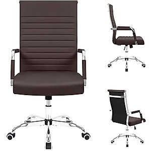 Office Chair,Ergonomic Office Chair Ribbed Office Desk Chair Mid-Back PU Leather Executive Conference Task Chair Adjustable Swivel Chair with Arms Home Office Desk Chair,