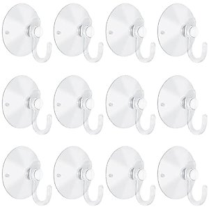 LuluEasy 12 Pieces Small Suction Cups with Hooks 1.2 inch Clear Plastic Sucker Hooks for Glass Window Wall Festivals Parties Theme Carnival Decoration Door Bathroom Kitchen