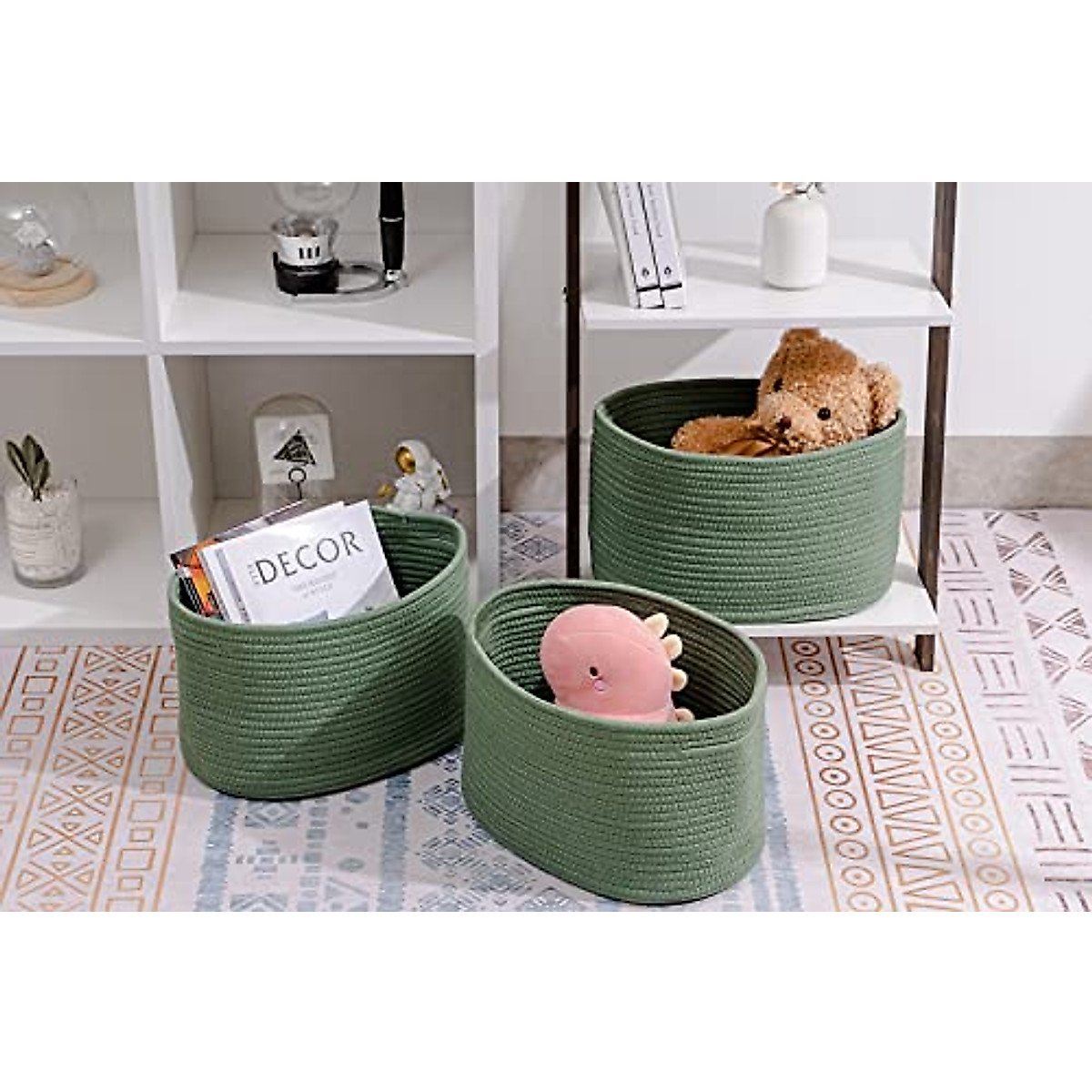 CubesLand Woven Basket for Organizing/Storage,Cube Shelf Closet Storage Baskets Bins Set 3,Long-lasting &Skin-friendly Toy Storage Basket Bin,Stylish Room Decor Basket, Cotton Rope Basket,Green Basket for Shelves
