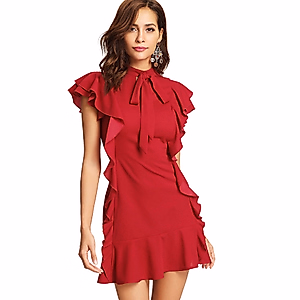 Floerns Women's Tie Neck Short Sleeve Ruffle Hem Cocktail Party Dress Red S
