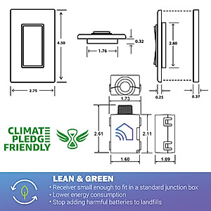 RunLessWire 3-Way Remote Light Switch Kit Wireless Battery-Free Self-Powered Kinetic DIY Wall Switch 150ft RF Range - 3 Way: 1 On/Off Receiver, 2 Switches - White