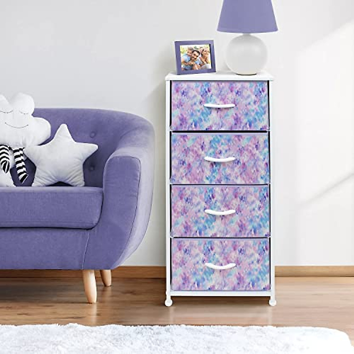 Sorbus Dresser Storage Tower, Organizer Drawers For Closet Boys & Girls Bedroom Bedside Furniture, Chest for Home, College Dorm, Steel Frame, Wood Top, Tie-dye Fabric Bins (4-Drawer, Blue/Pink/Purple)