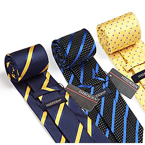 HISDERN Mens Ties Set Extra Long Ties and Pocket Square Set Navy Blue Yellow Necktie Handkerchief 63 Inch XL Silk Neckties Collection 3 Pack Wedding