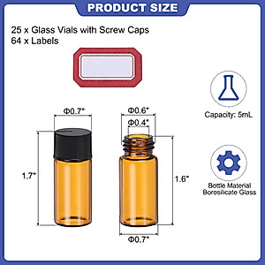 PATIKIL 5ml Amber Glass Vials, 25 Pack Sample Vials with Screw Cap and Write-on Spot Reagent Media Bottle with Labels Leak-Proof Liquid Vial for Lab