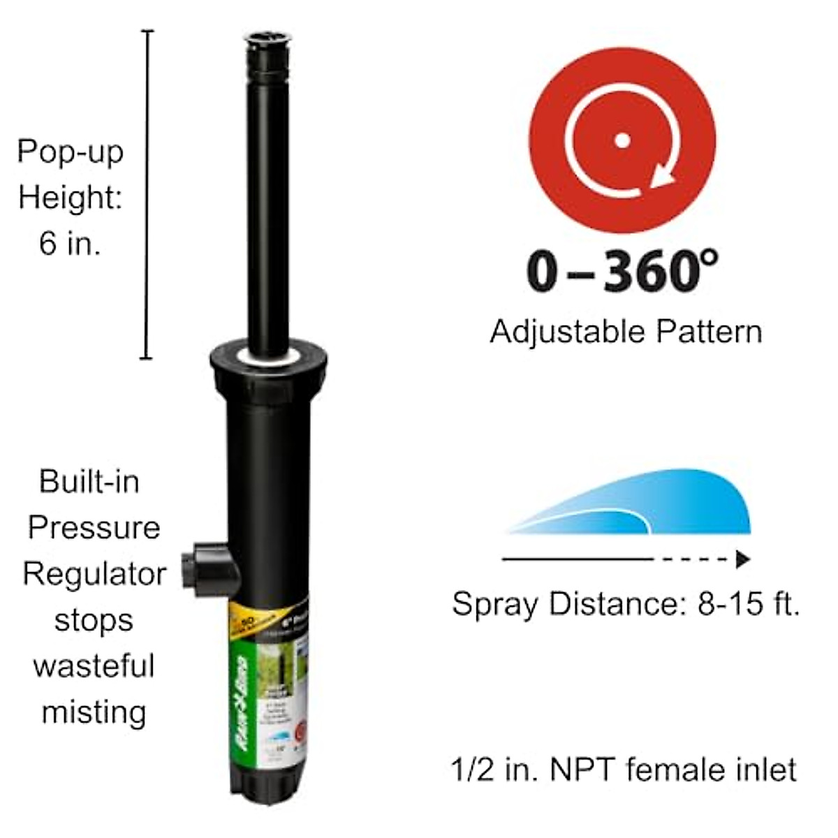 Rain Bird 1806APPRS Pressure Regulating (PRS) Professional Pop-Up Sprinkler, Adjustable 0° - 360° Pattern, 8' - 15' Spray Distance, 6" Pop-up Height, Black