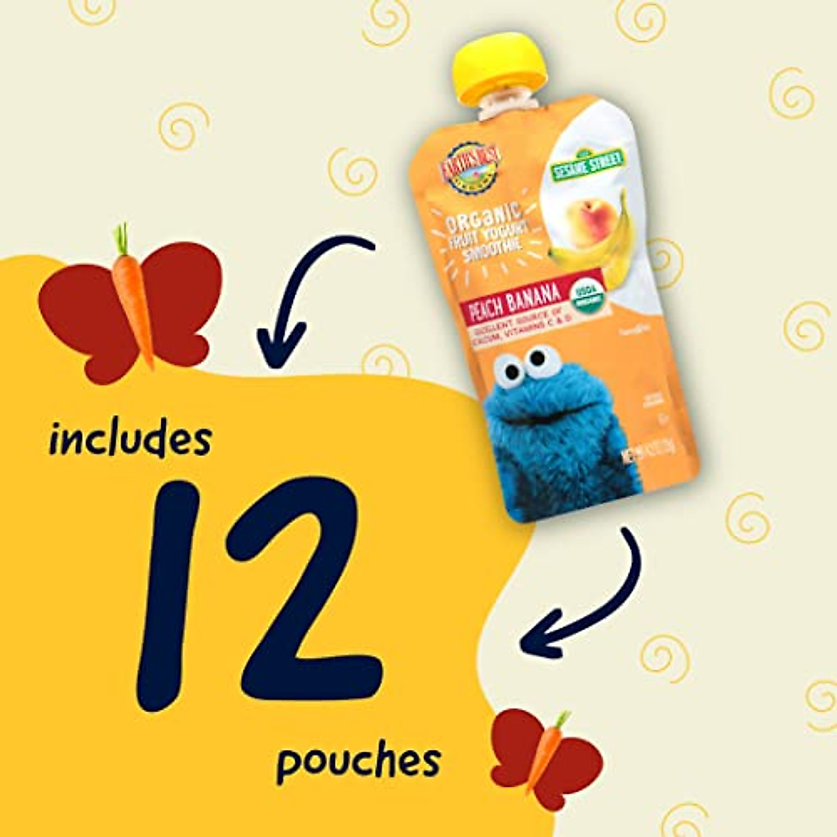 Earth's Best Organic Kids Snacks, Sesame Street Toddler Snacks, Organic Fruit Yogurt Smoothie for Toddlers 2 Years and Older, Peach Banana, 4.2 oz Resealable Pouch (Pack of 12)
