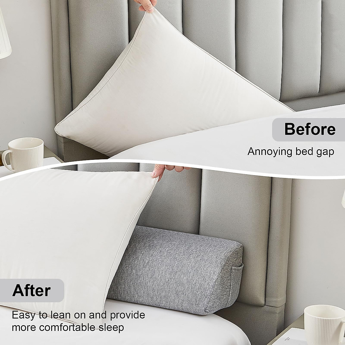 Qucover Headboard Wedge Pillow Queen, 2-Sections Viscose Fiber Polyester Bed Wedge Pillow for Headboard Grey, Between Mattress and Headboard Wedge Pillow Gap Filler (0-7"), 60"x8"x6"